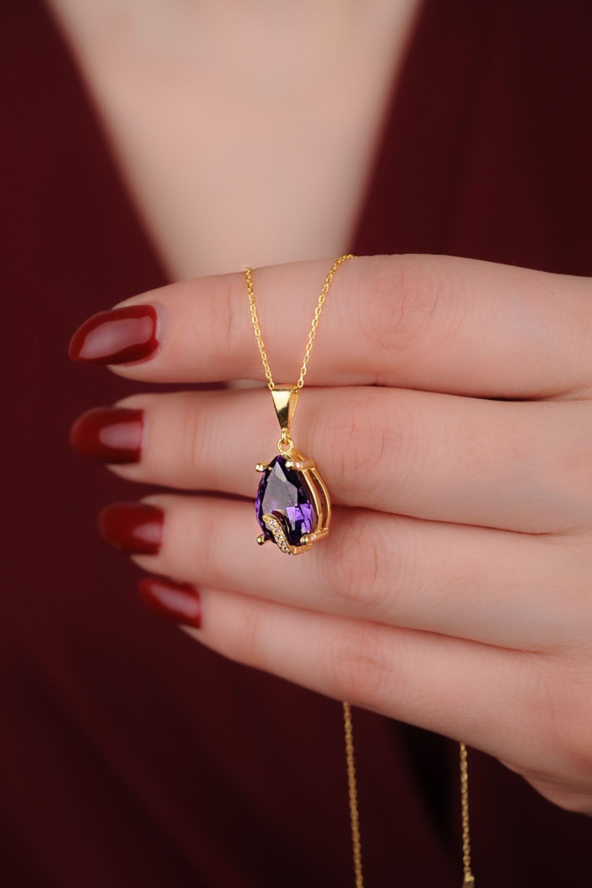 ENCİLİ SİLVER 925 Ayar Gümüş Damla Model Mor Taşlı Kadın Kolye